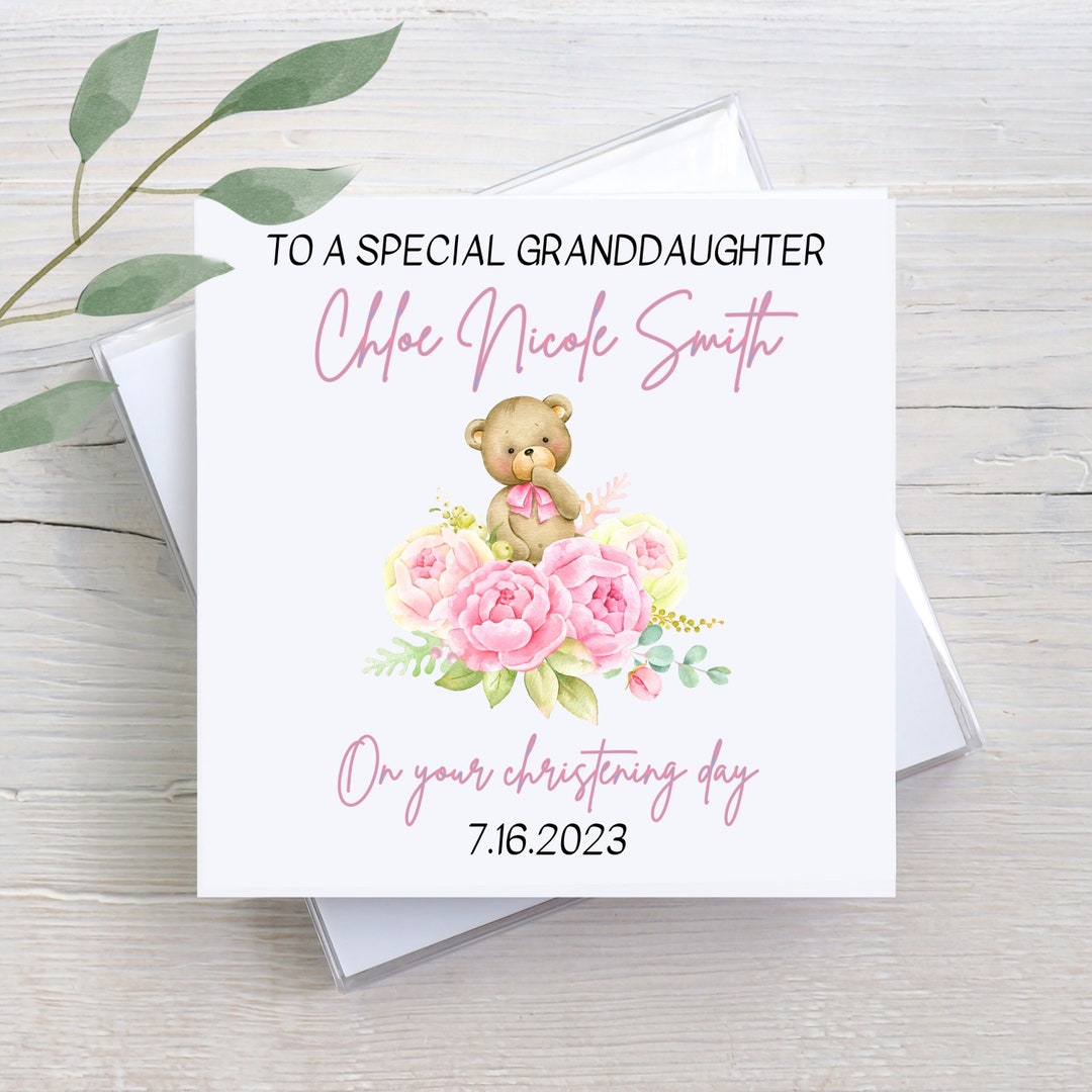 Granddaughter Christening Card, Teddy Bear, Floral, Personalized ...