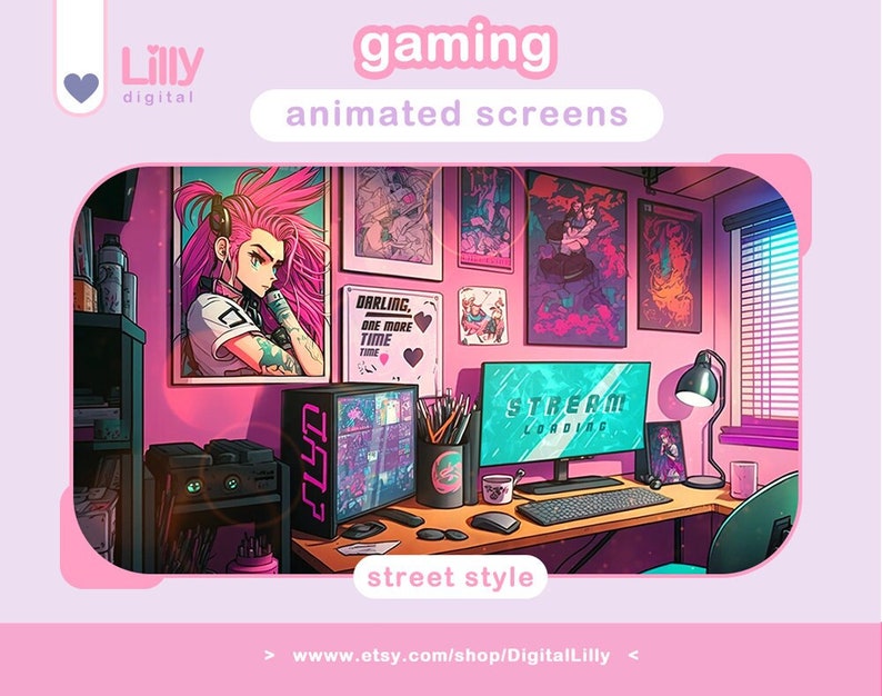 4 Stream Screens Animated "gaming" Anime Street Art Style Grunge Pink ...