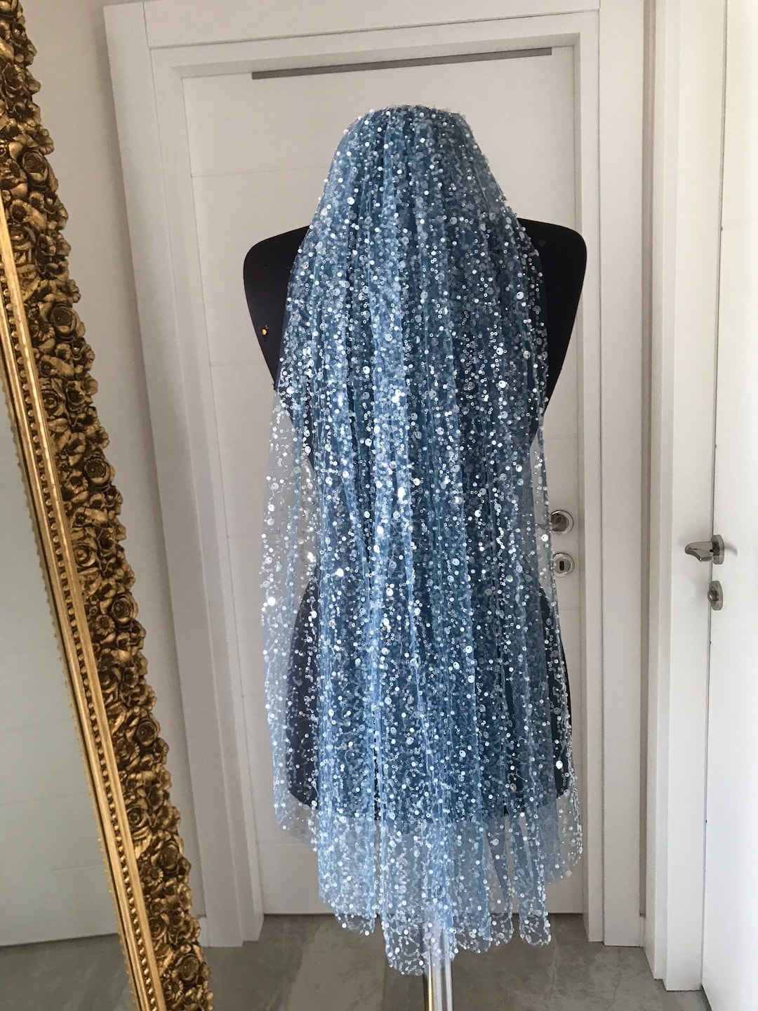 Blue Sparkling Veil, Cindrella Look Bride, Blue Glitter Veil, Blue ...