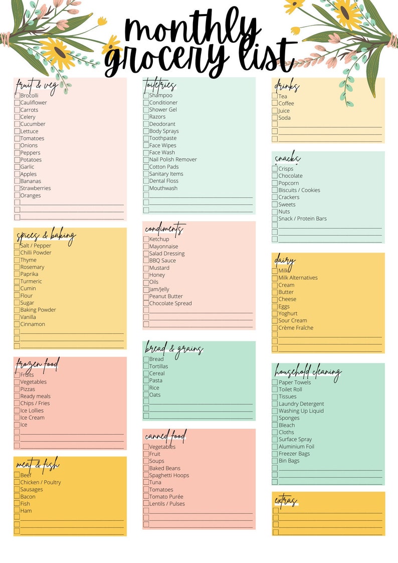 PRINTABLE Monthly Grocery List Shopping Planner Instant - Etsy PRINTABLE Monthly Grocery List Shopping Planner Instant - Etsy
