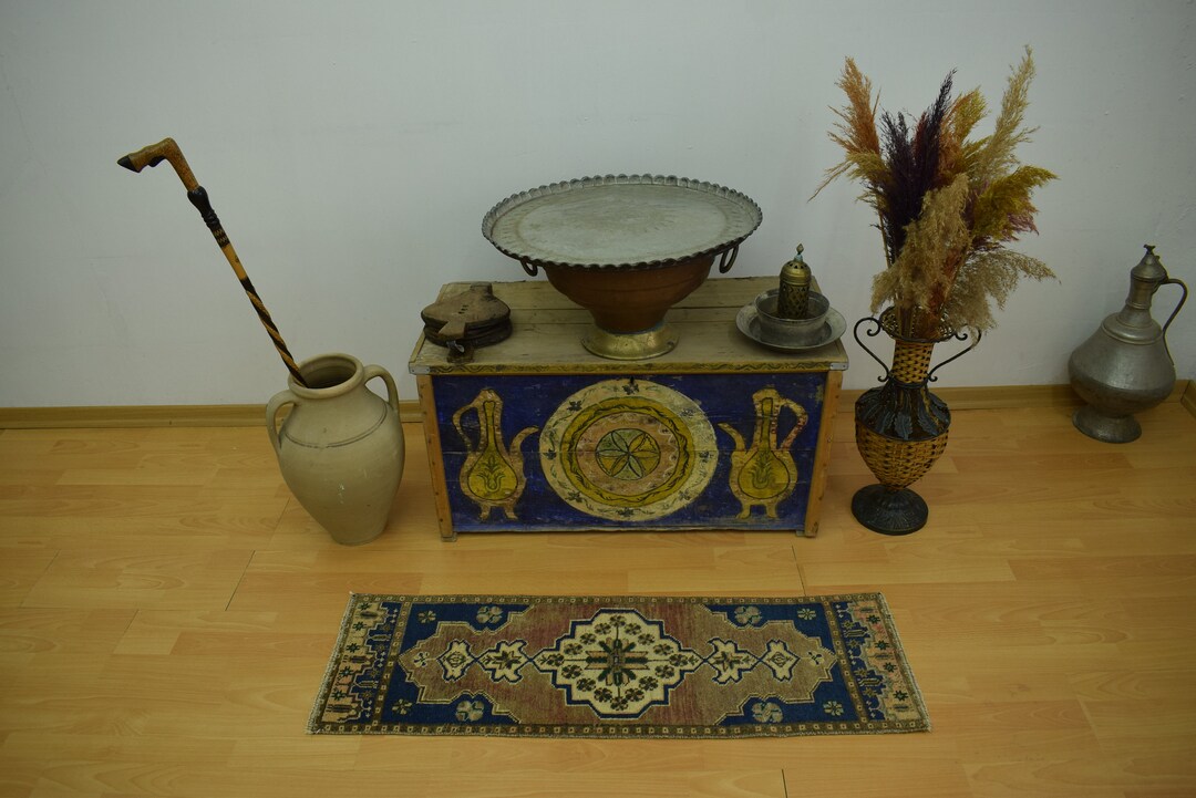 1x4 Vintage Navy Rug, Hand Made Wool Rug, Pastel Turkish 1x4 Entry Door ...