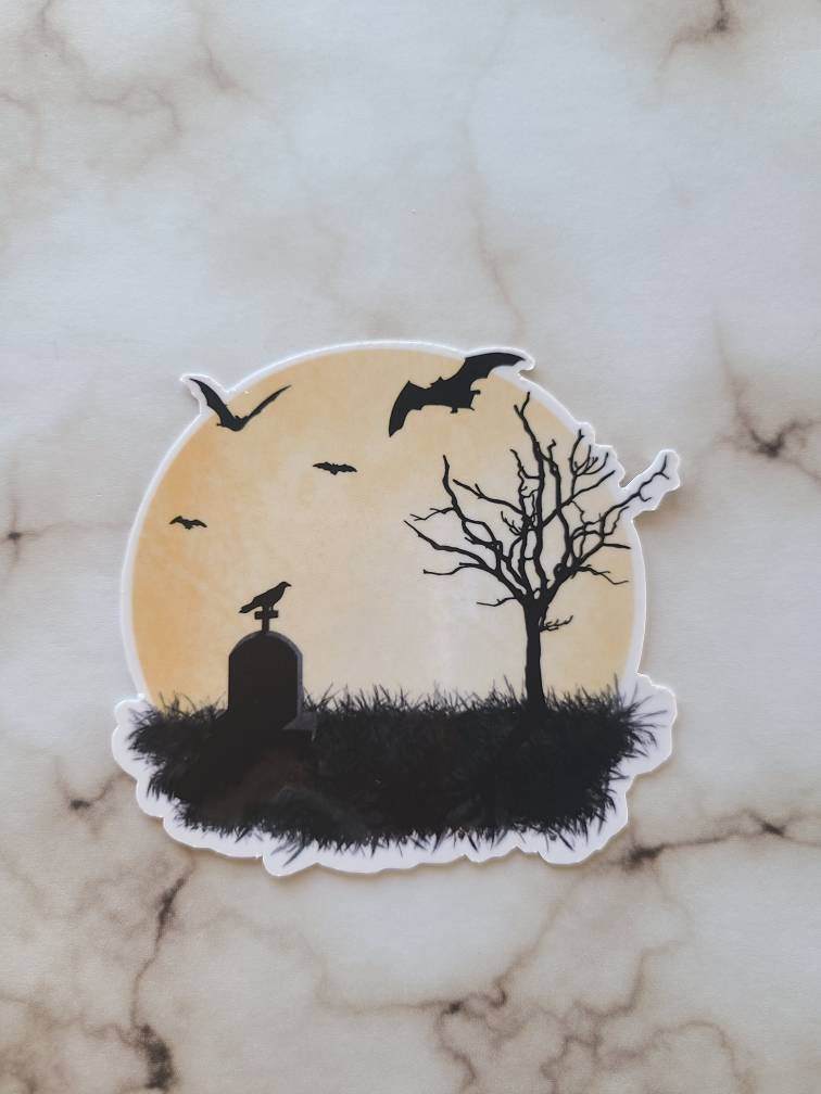 Spooky Halloween Full Moon Tombstone Vinyl Sticker - Etsy