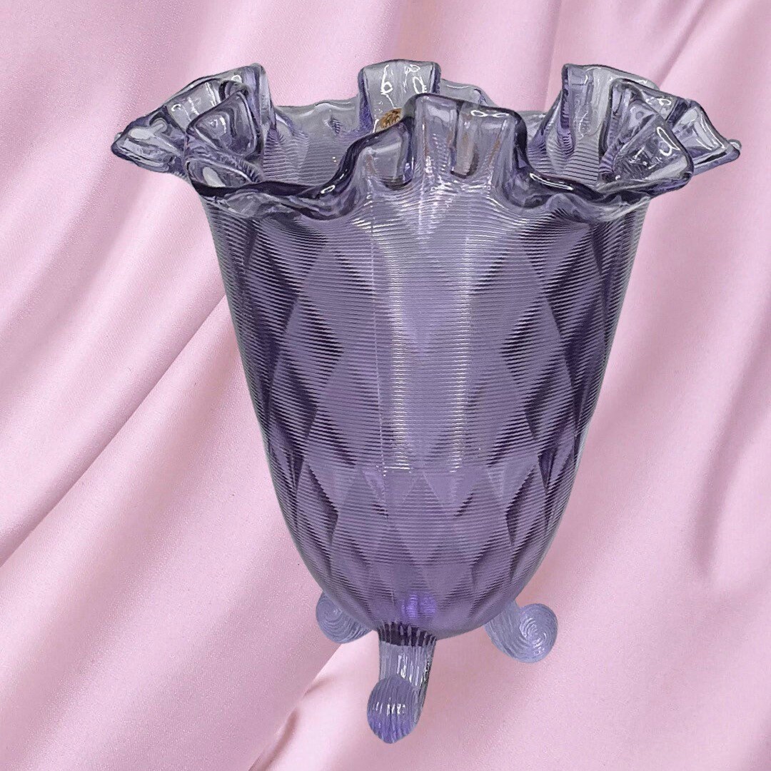 VINTAGE Fenton Ruffled Vase wisteria Lavender Threaded Diamond Optic ...