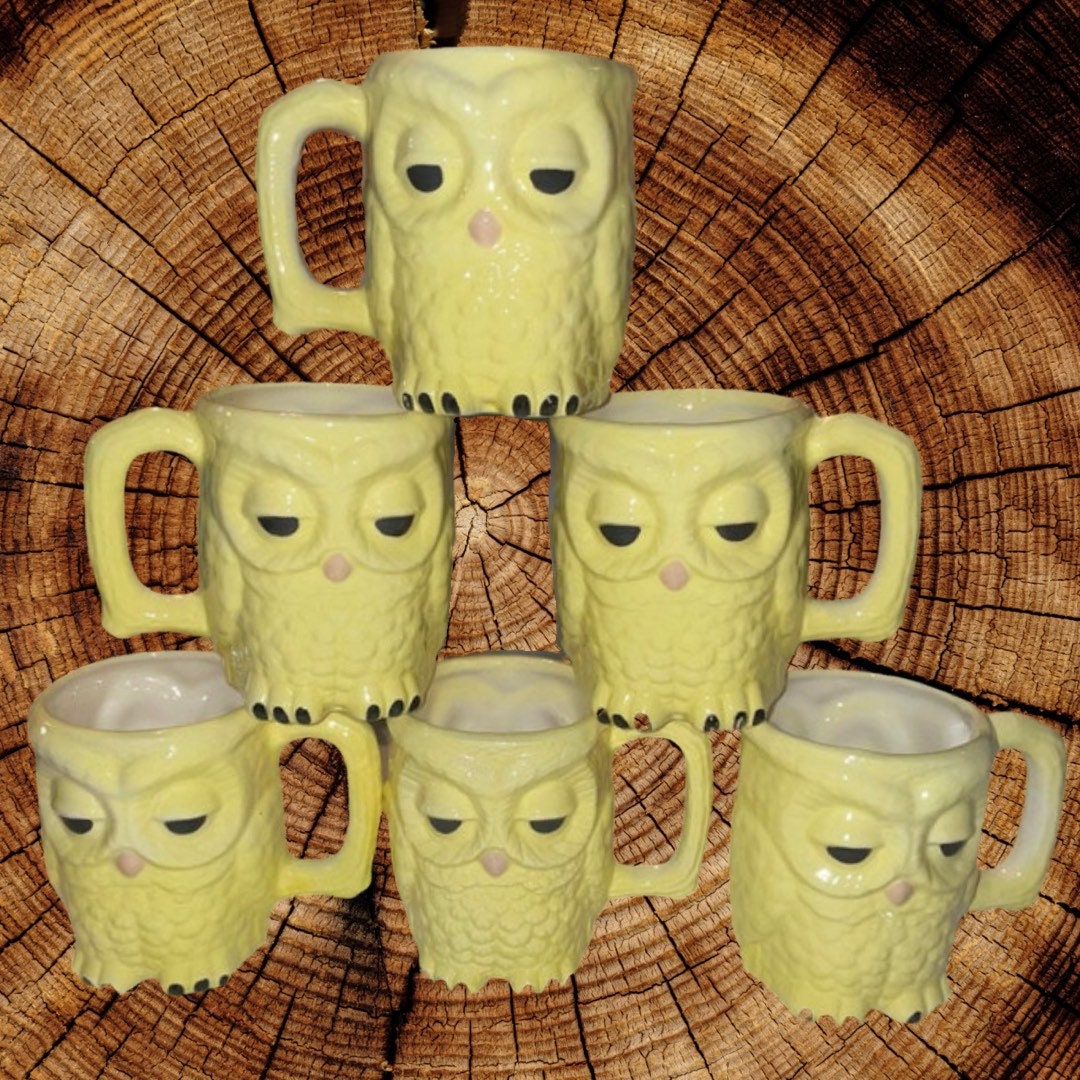 Yellow Ceramic Owl Coffee Mugs, Set of 6, Handmade, Vintage Mold ...