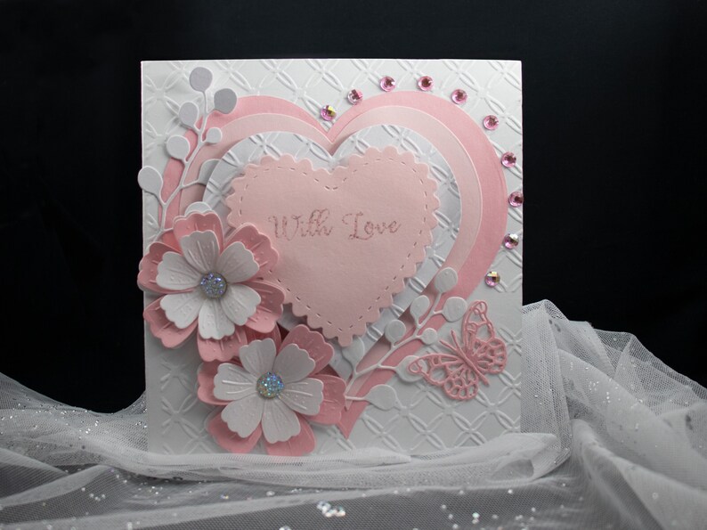 Handmade Hearts, Flowers and Gems Card, 3D Card, Pink, Silver and White ...