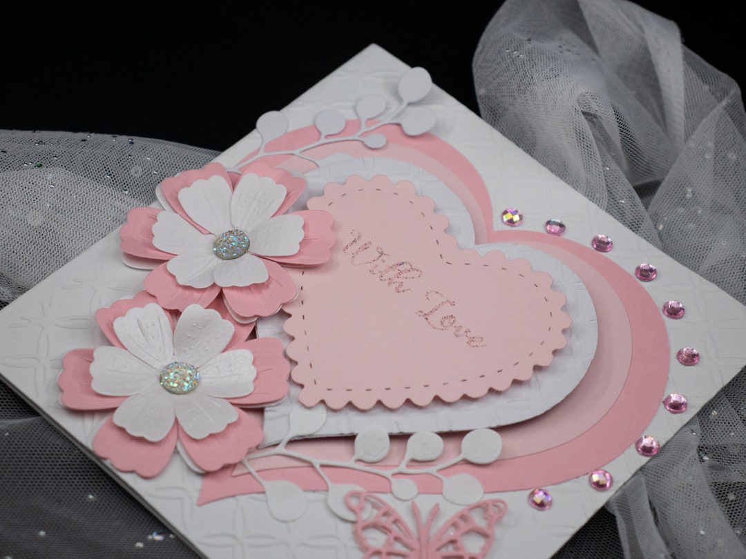 Handmade Hearts, Flowers and Gems Card, 3D Card, Pink, Silver and White ...