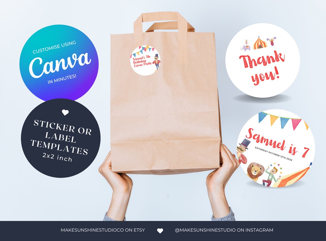 Circus Birthday Party Sticker Template Edit in Canva Childrens Party ...