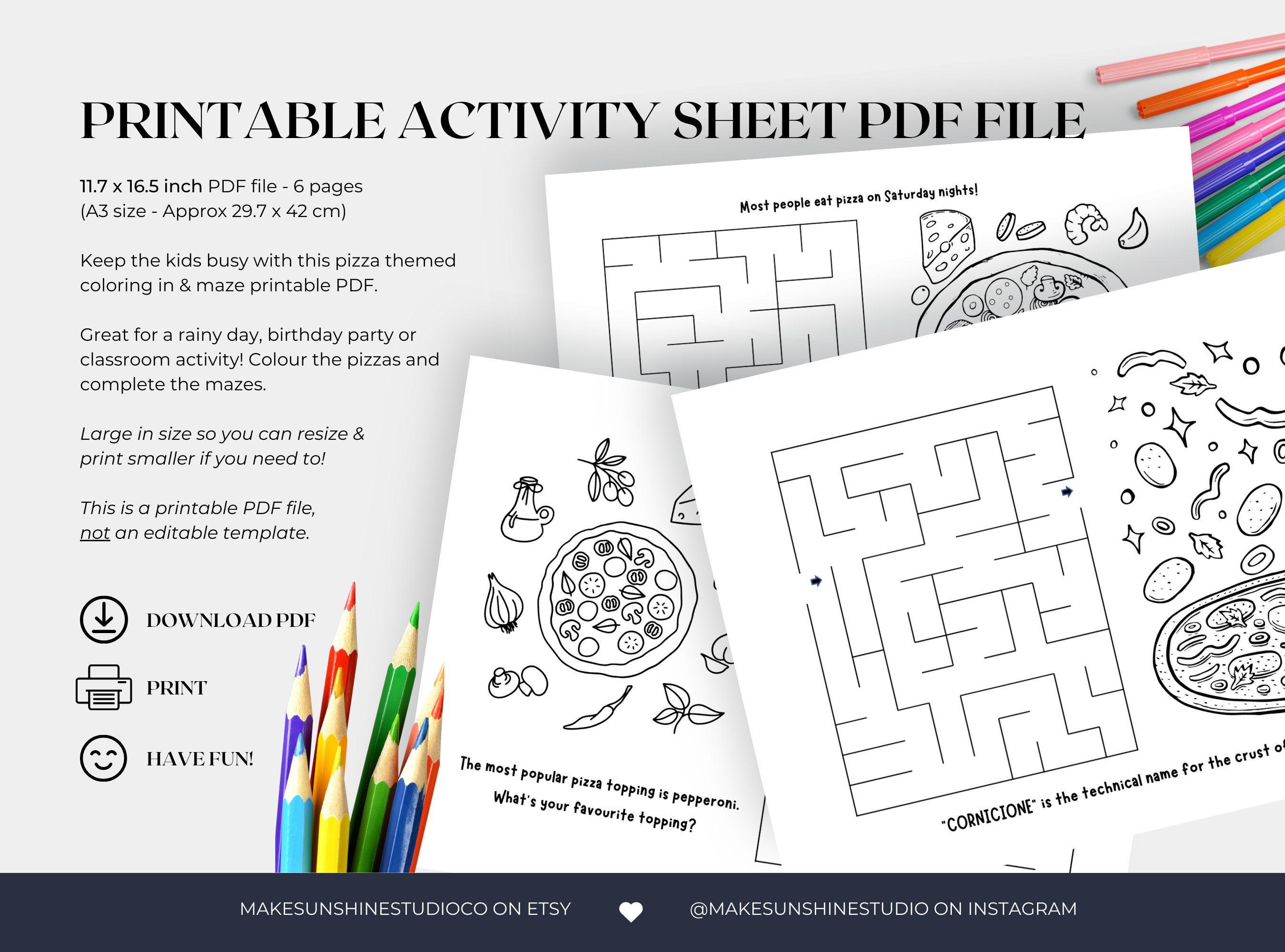 Pizza Themed Kids Mazes and Colouring in Book Party Game Classroom ...