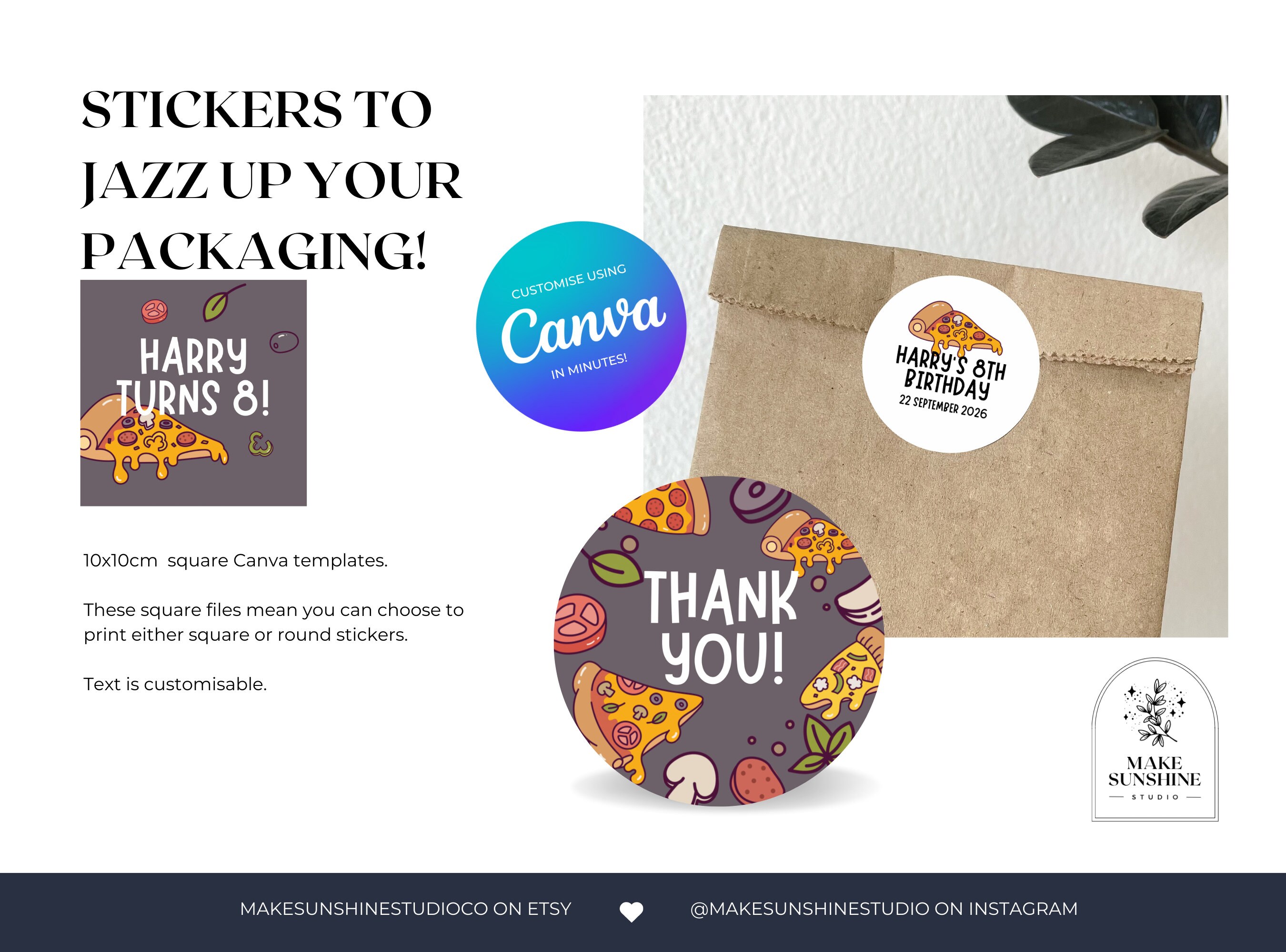 Pizza Party Sticker Template Editable in Canva Birthday Party Favor ...