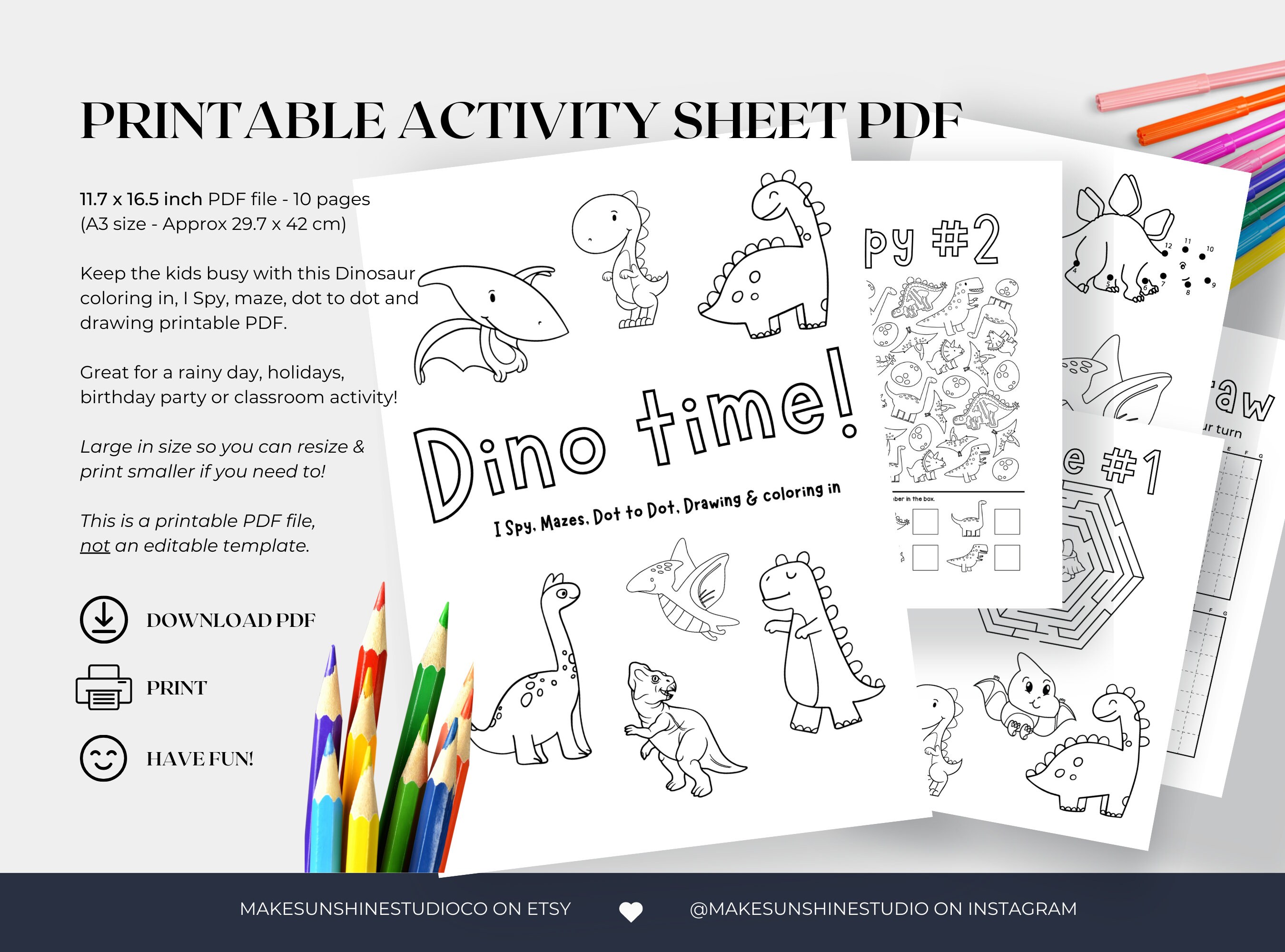 Dinosaur Themed Kids I Spy, Mazes, Drawing and Coloring in Party ...