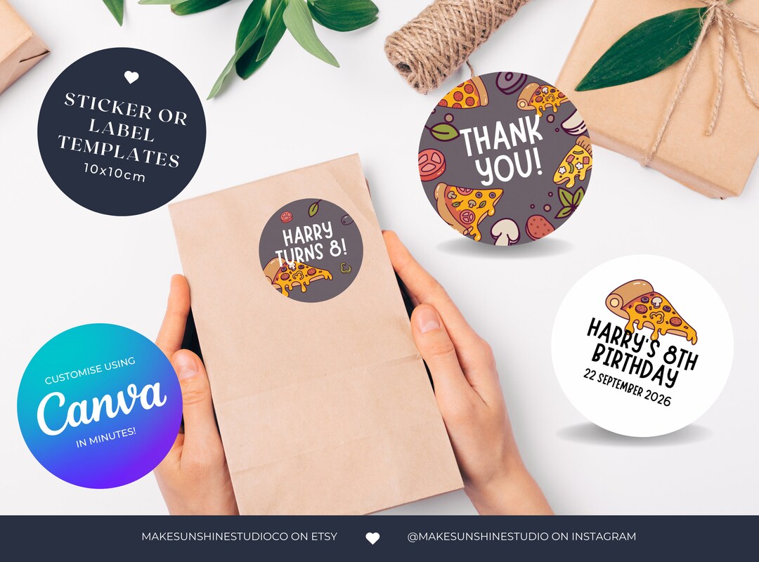 Pizza Party Sticker Template Editable in Canva Birthday Party Favor ...