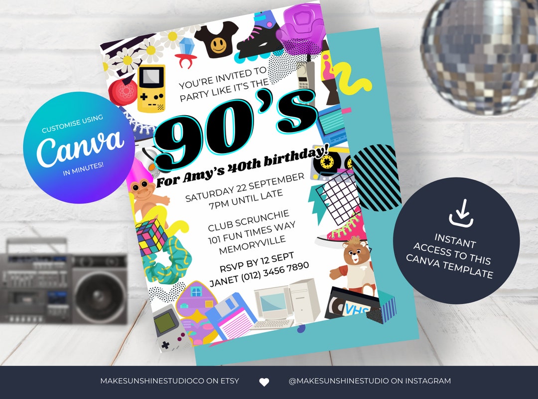 90s Party Invitation for 1990s Throwback Retro Birthday Party Editable ...
