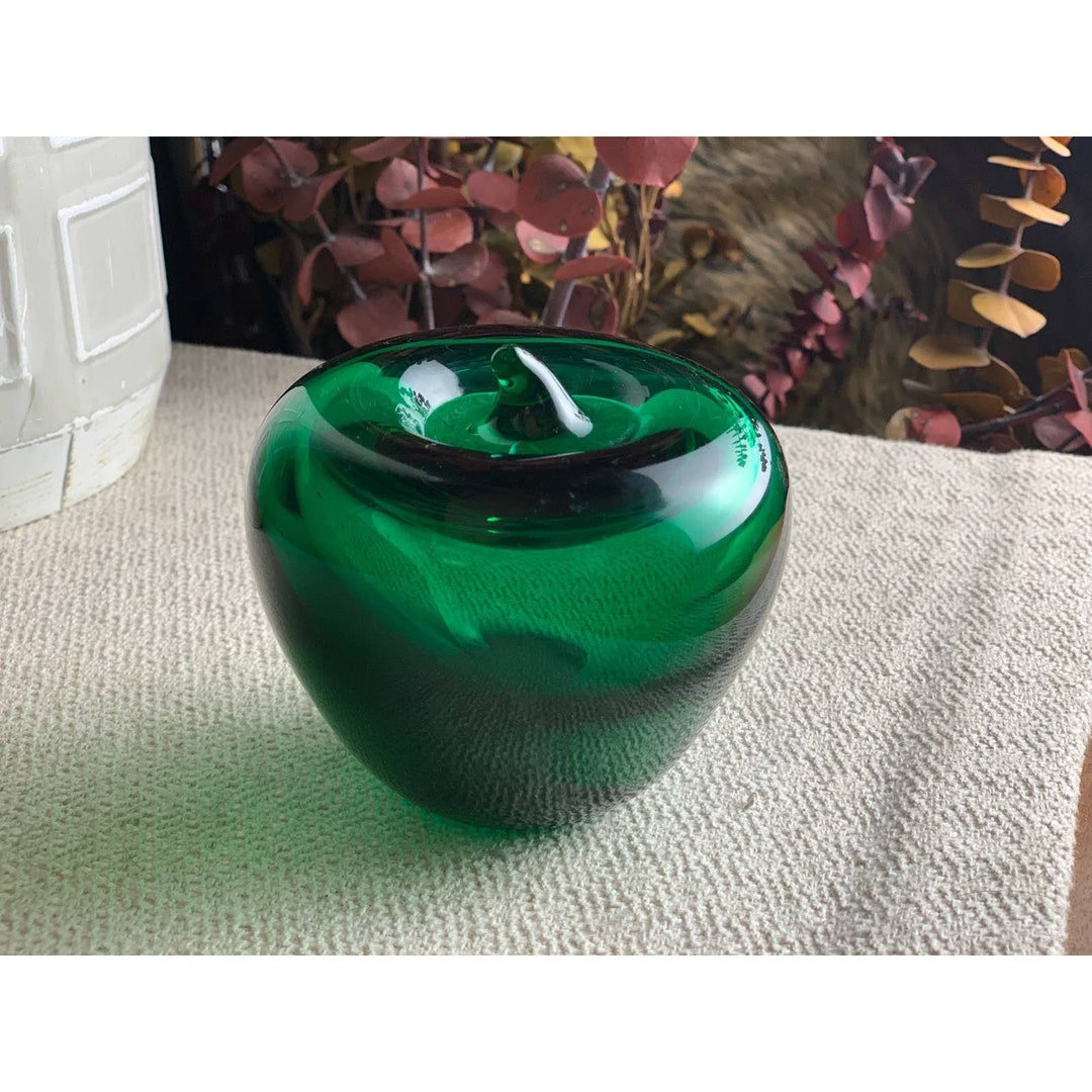 Vintage Hand Blown Apple Art Glass Paperweight in Dark Green, MCM Style ...