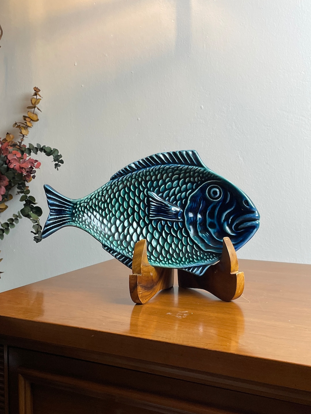 Vintage Majolica-style Fish Blue Green Glazed Ceramic Dish by Olfaire ...