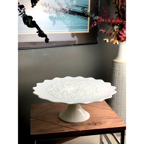 Mid Century Lacey Milk Glass Pedestal Cake Plate Spanish Lace - Etsy