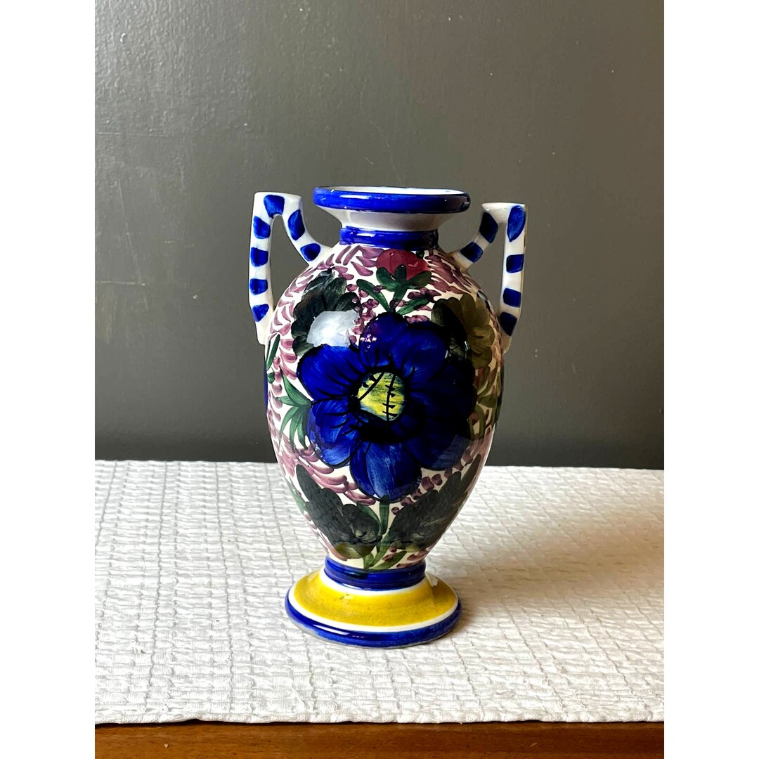 Mid Century Spanish Talavera Pottery Trophy Vase, Hand Painted Cobalt ...