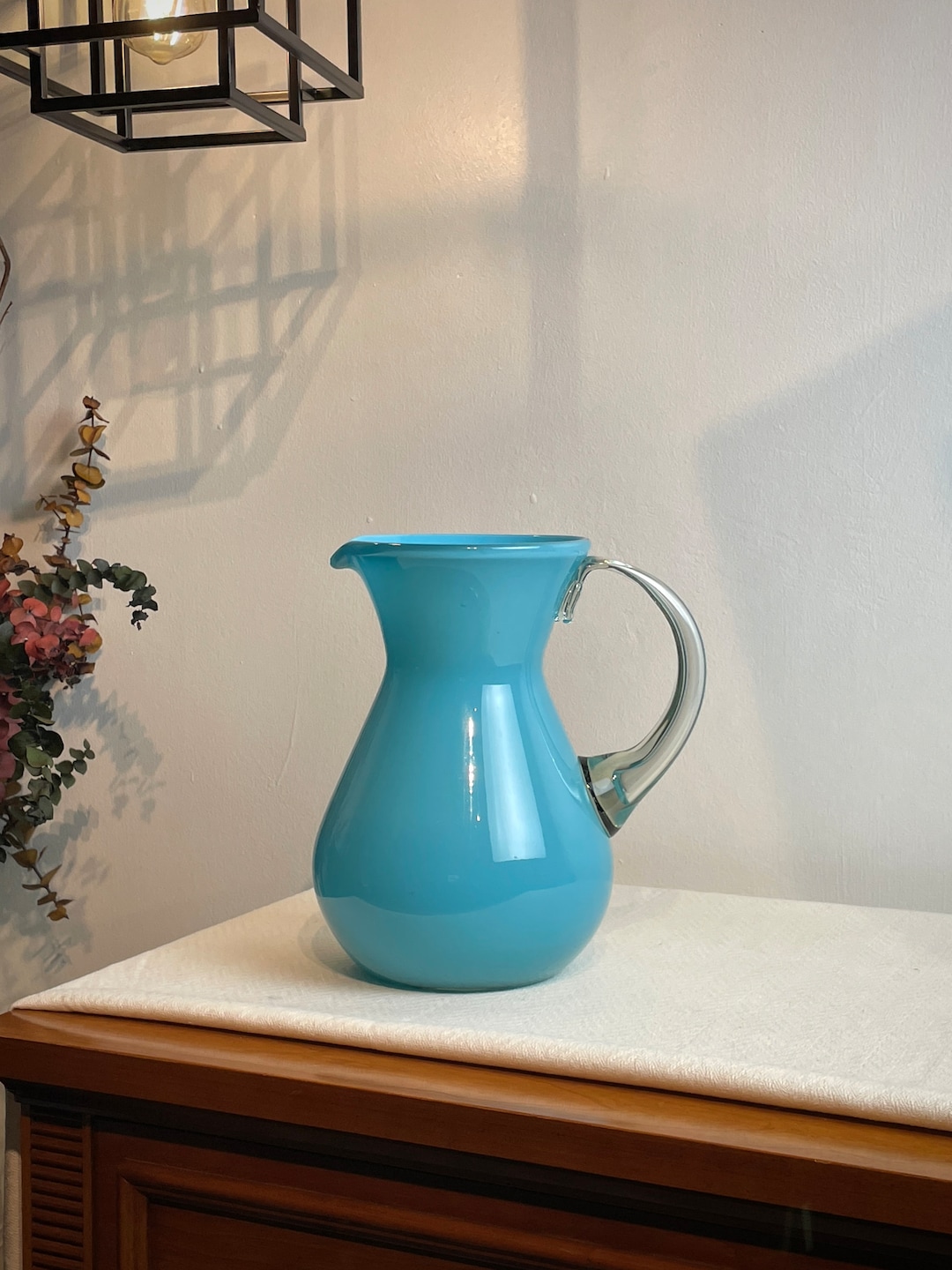 Turquoise Cased Glass Large Pitcher Empoli Italian Style, Mid Century ...