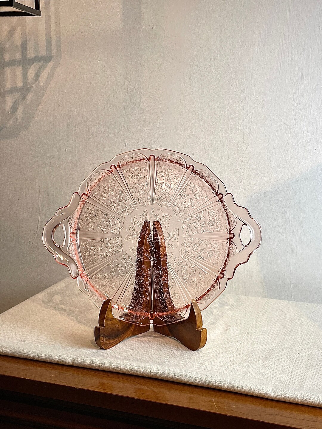 Vintage Pink Depression Glass Handled Cake Plate Cherry Blossom By Jeannette Glass Retro