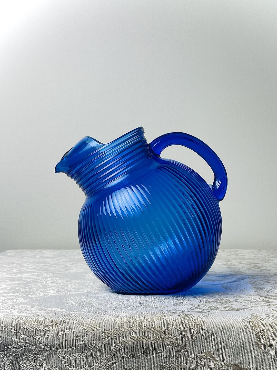 Depression Glass Cobalt Blue Tilted Ball Pitcher 40oz | Vintage Hazel ...