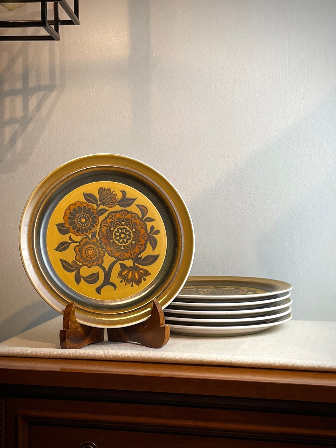 MCM Mustard Yellow & Orange Flower Dinner Plates, Medley by Casual ...