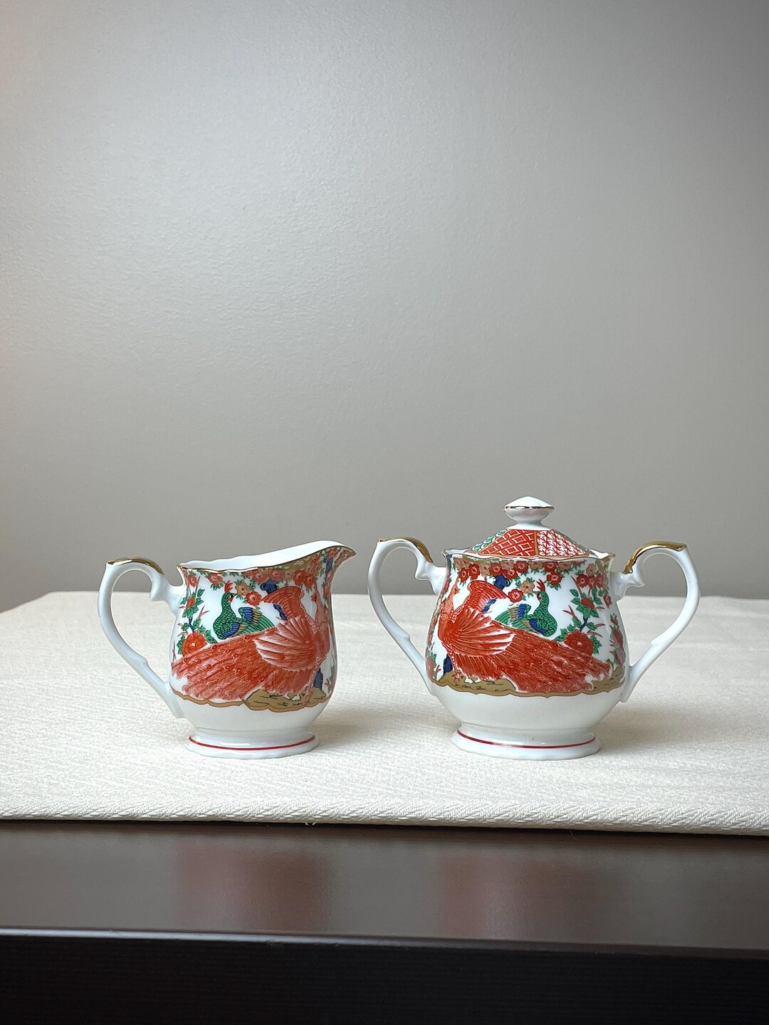Vintage Creamer Pitcher & Covered Sugar Bowl Imari Peacock Birds, Arita ...