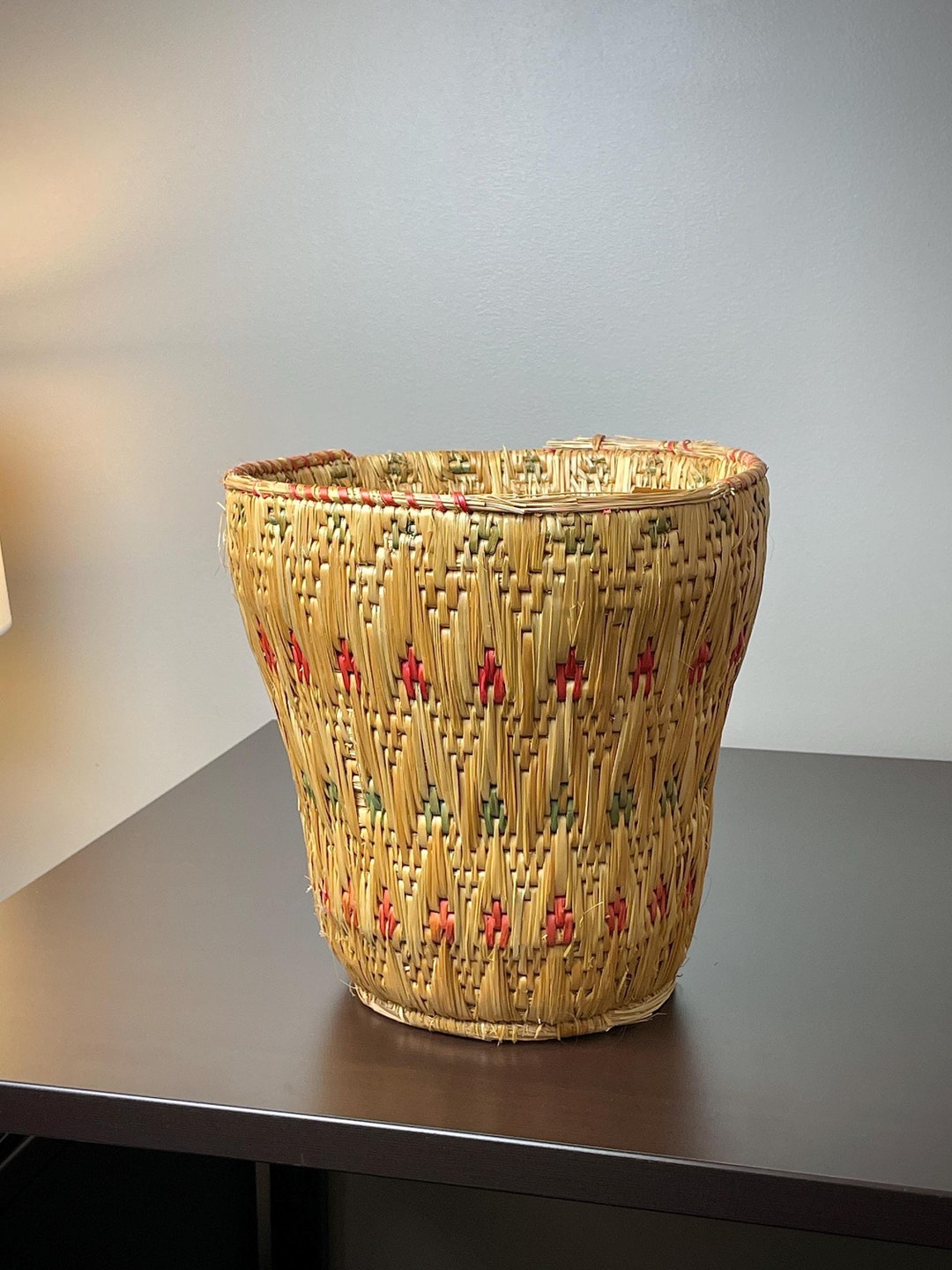 Vintage Rye Grass & Straw Coiled Mariposa Basket, Mid Century Open ...