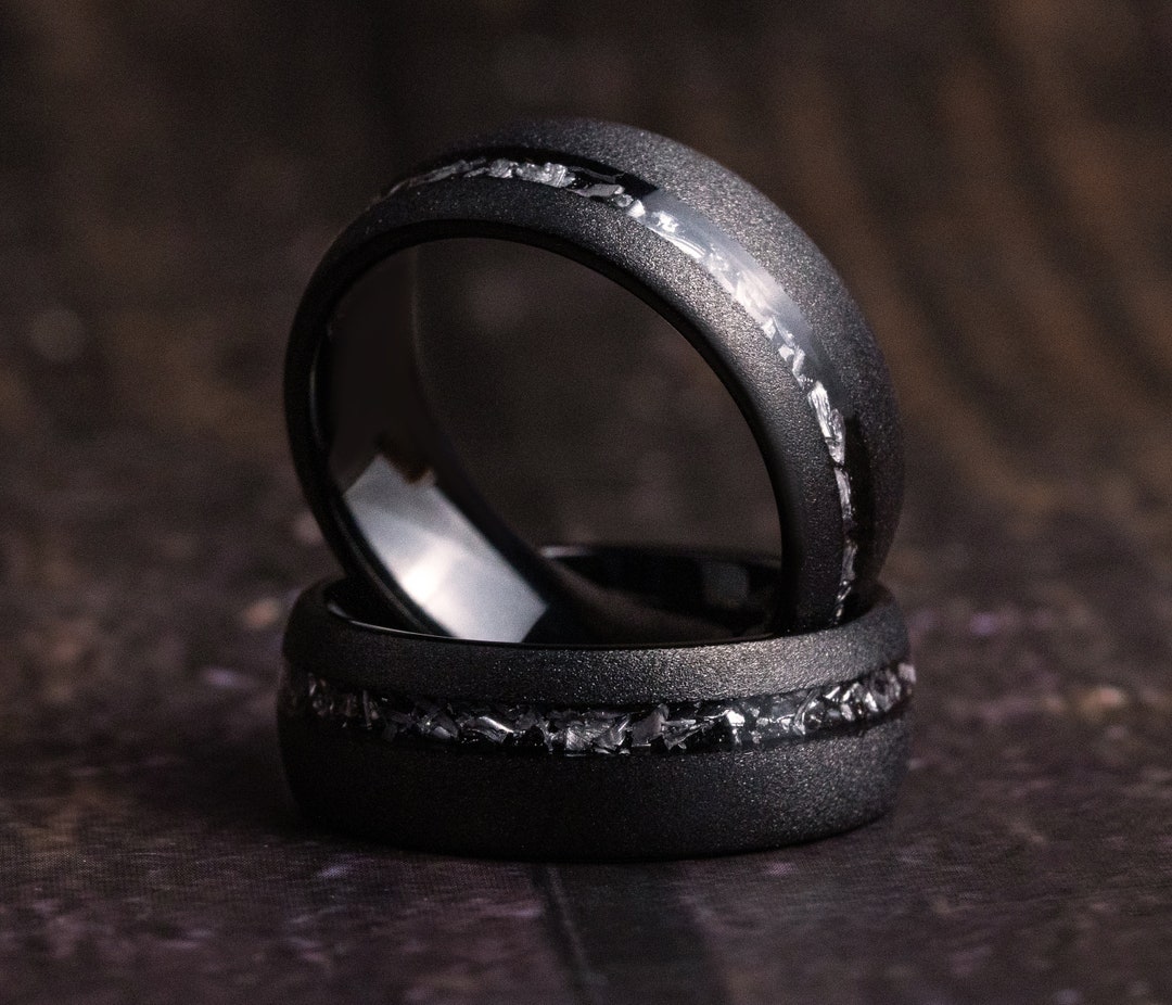 Black Sandblasted Meteorite Inlay Wedding Ring, Mens Wedding Band, Mens ...