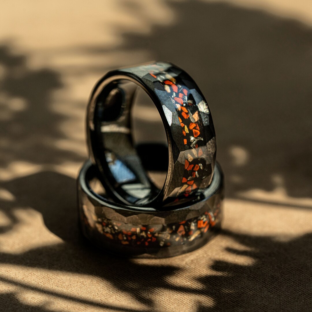 Dinosaur Bone & Meteorite Inlay Ring, Unique Mens Wedding Band, Black ...