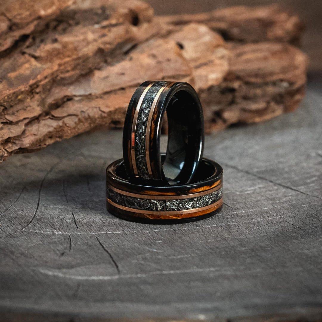 Burnt Whiskey Barrel Ring With Meteorite, Meteorite Wedding Ring ...