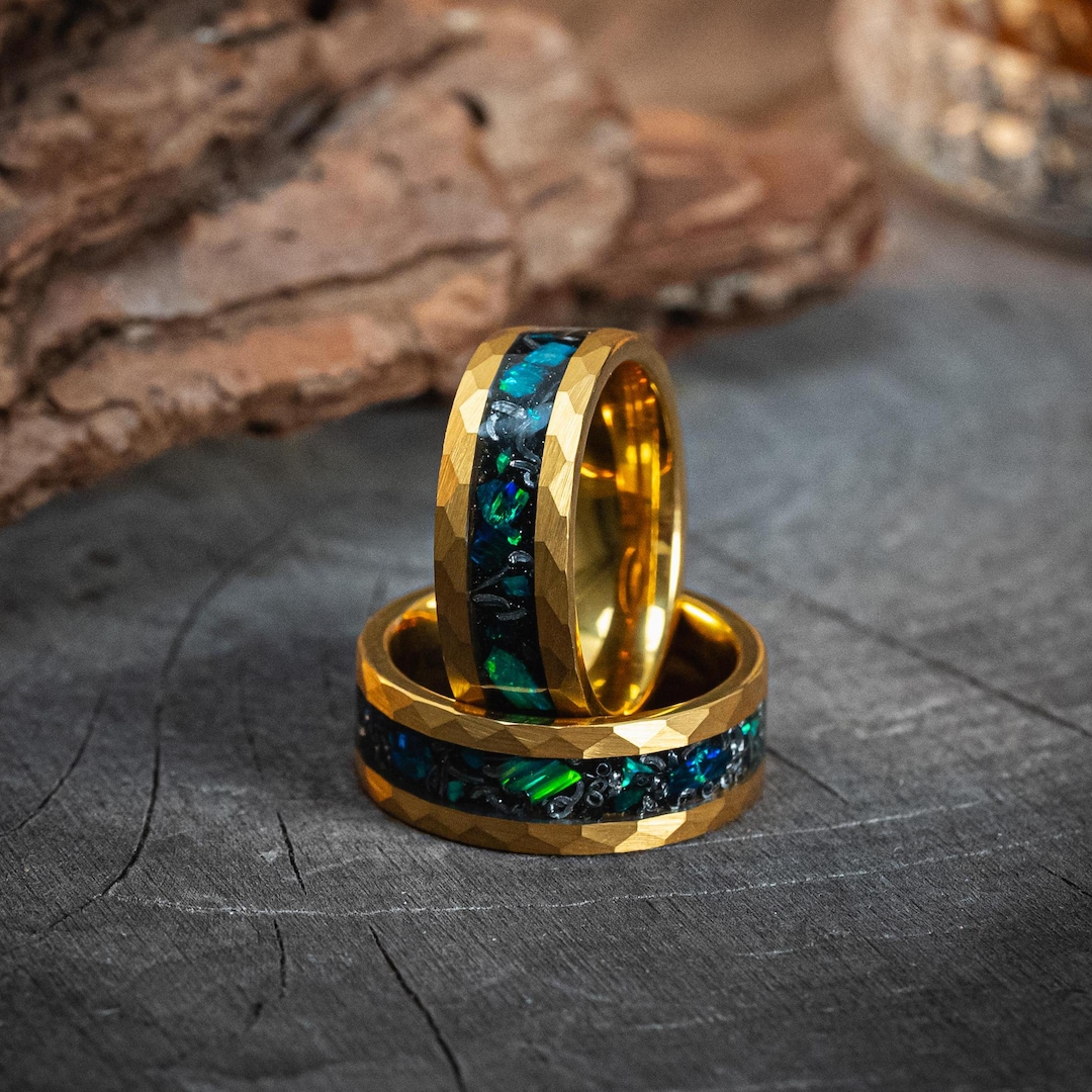 Meteorite & Emerald Green Opal Ring, Gold Hammered Wedding Ring ...