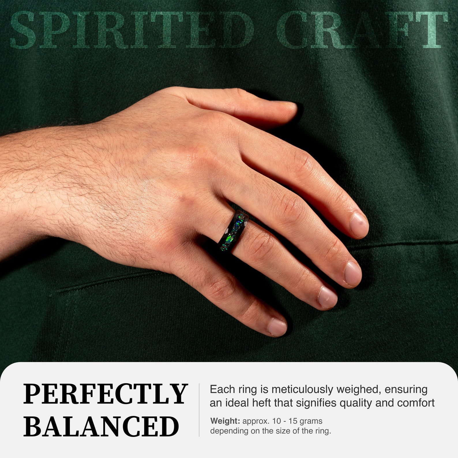 Meteorite & Emerald Green Opal Tungsten Ring - Black Hammered Mens ...