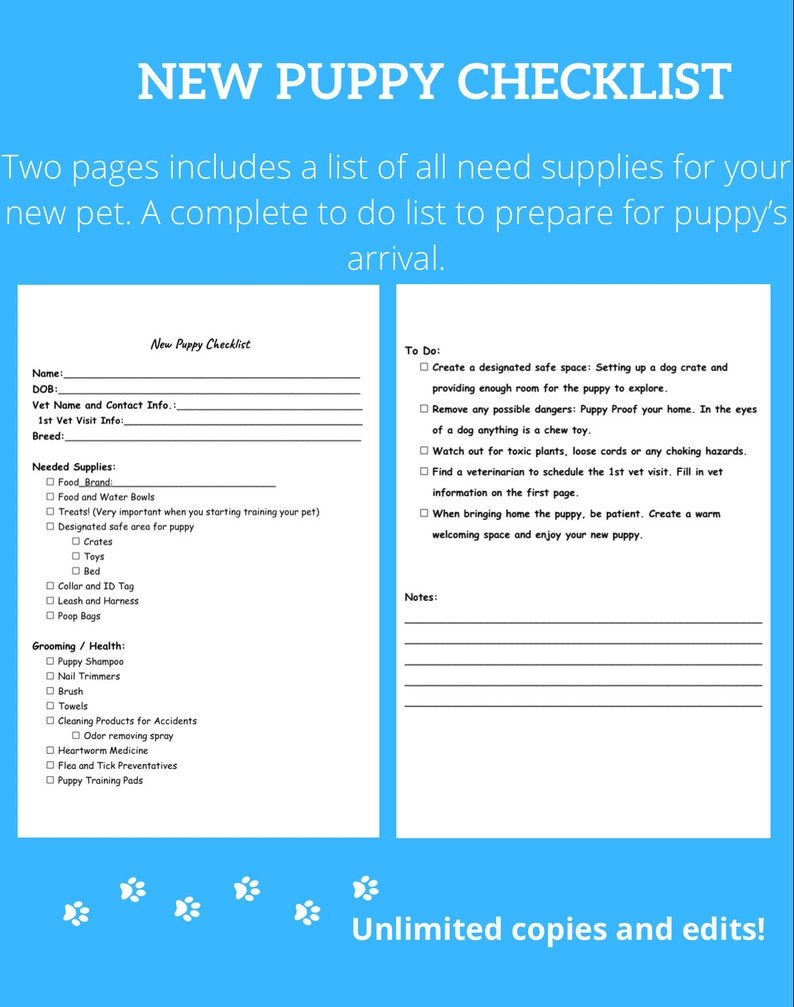 New Puppy Checklist | Puppy Welcome Kit | Puppy Printable| Pet Care ...