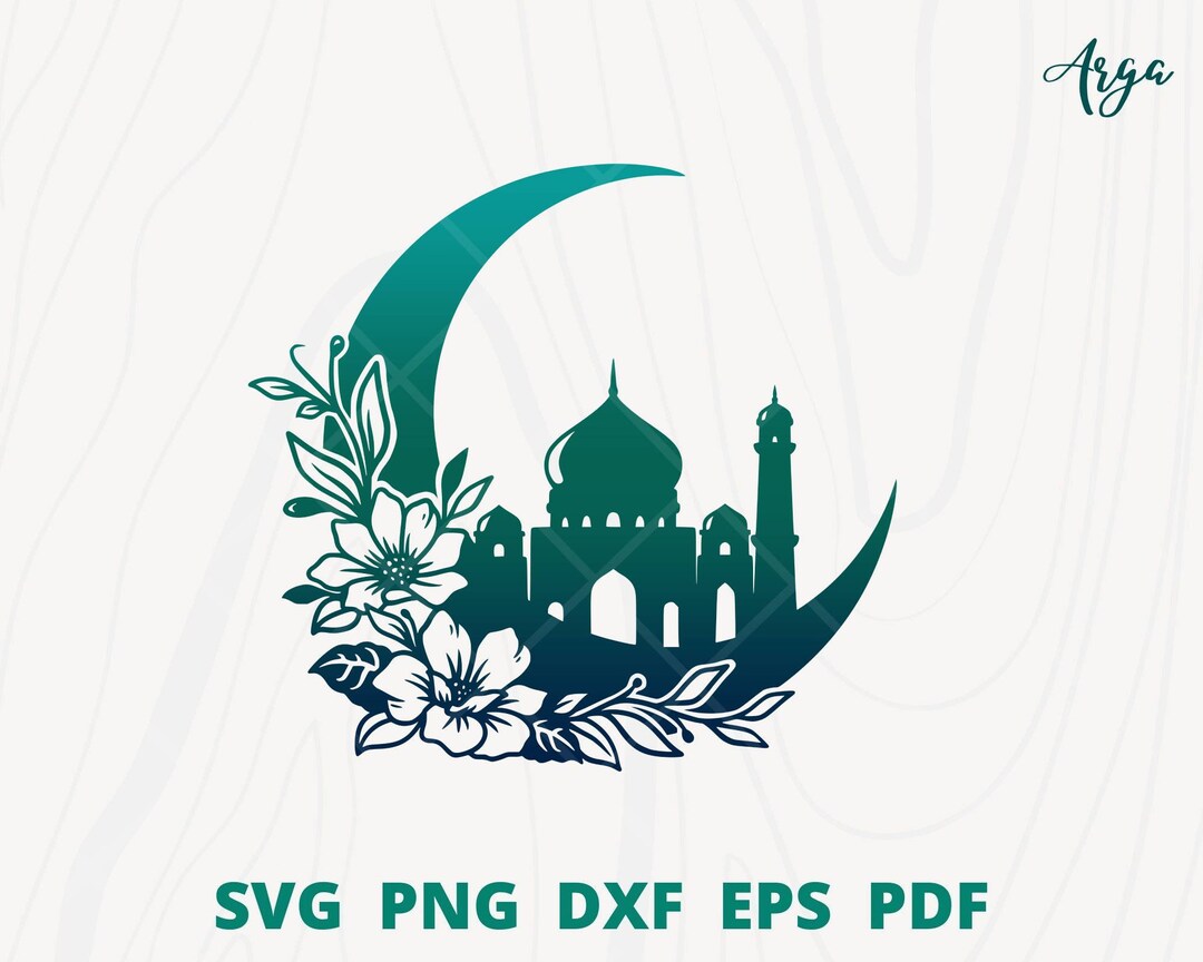 Mosque in Floral Crescent Moon Svg, Floral Mosque Svg, Islamic Svg ...