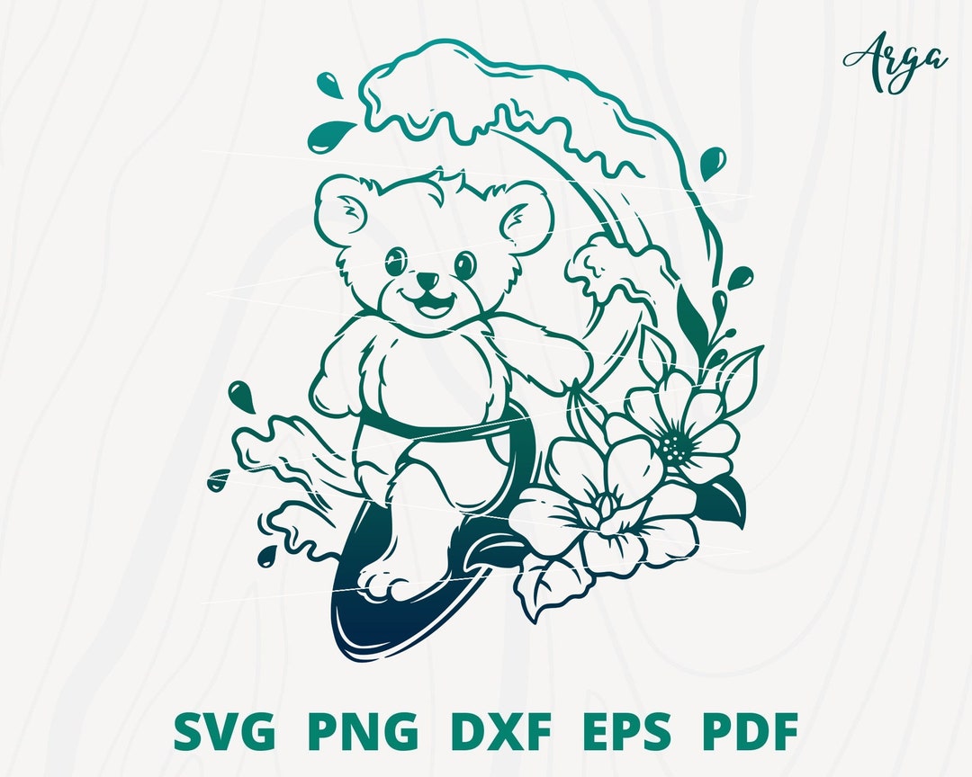Surfing Bear Svg, Floral Bear Svg, Surfing Bear Silhouette Svg, Floral ...