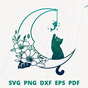 Cat Svg Bundle, Cat in the Moon Svg, Cat With Flower, Crescent Moon Cat ...
