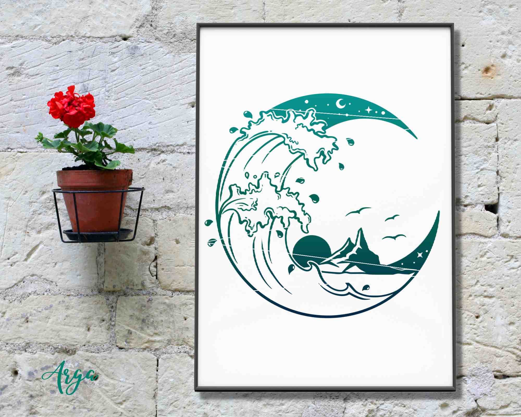 Wave on Crescent Moon, Wave Scene Svg, Wave SVG, Wave on Moon Svg ...