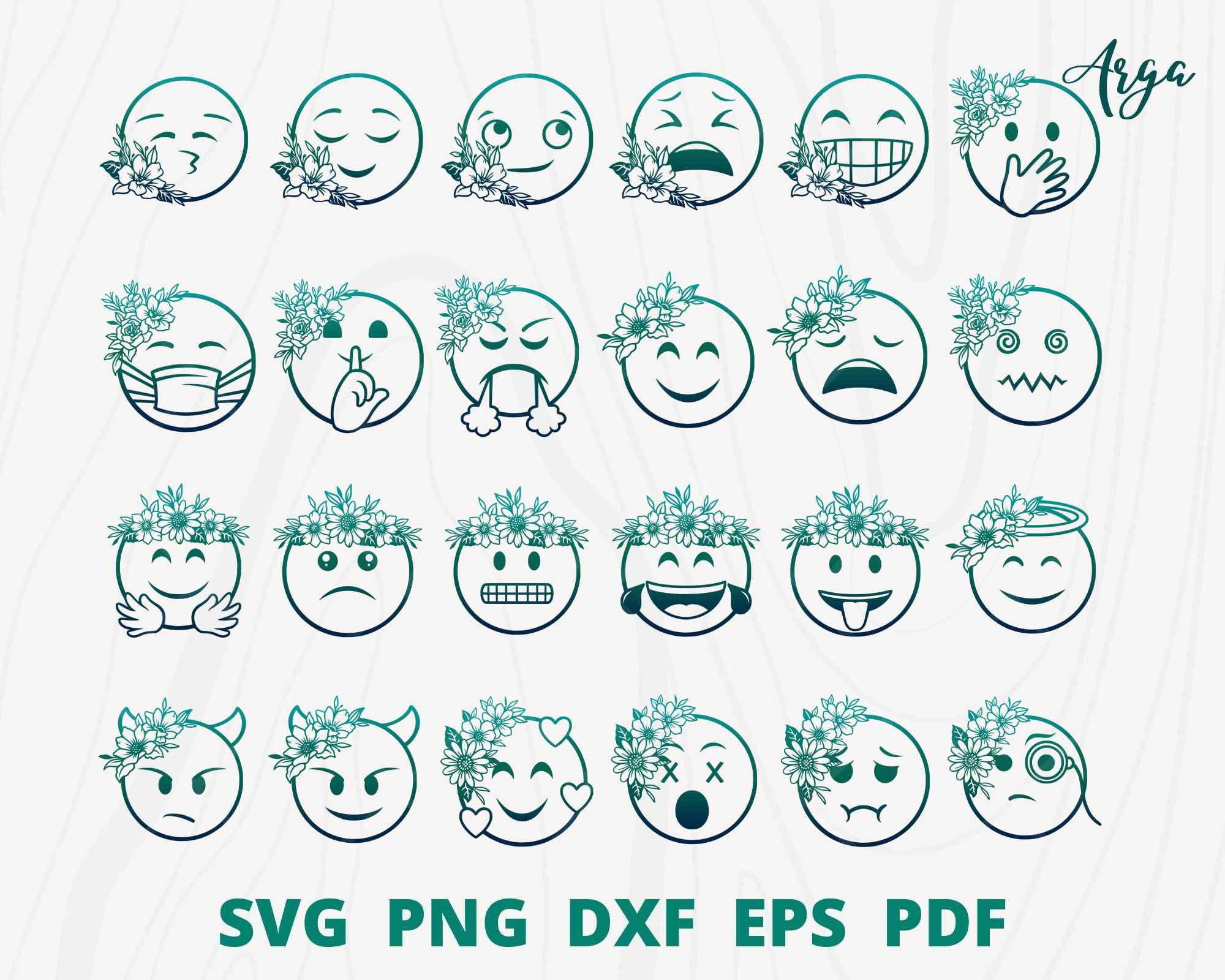 44 Emoticon Bundle SVG, Floral Emoji Svg, Floral Emoticon Svg, Emoji ...