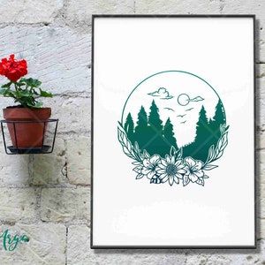 Pine Forest Svg, Forest in Flower Frame, Forest Scene SVG, Floral ...