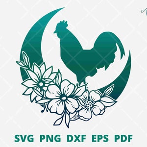 Rooster Svg, Floral Moon Rooster Svg, Rooster on Crescent Moon, Rooster ...