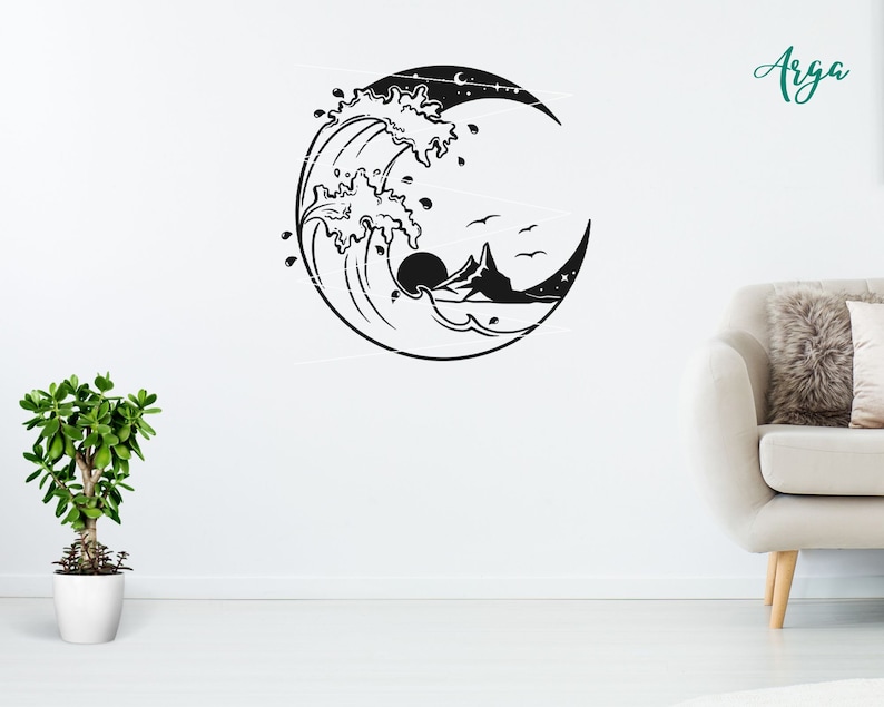 Wave on Crescent Moon, Wave Scene Svg, Wave SVG, Wave on Moon Svg ...