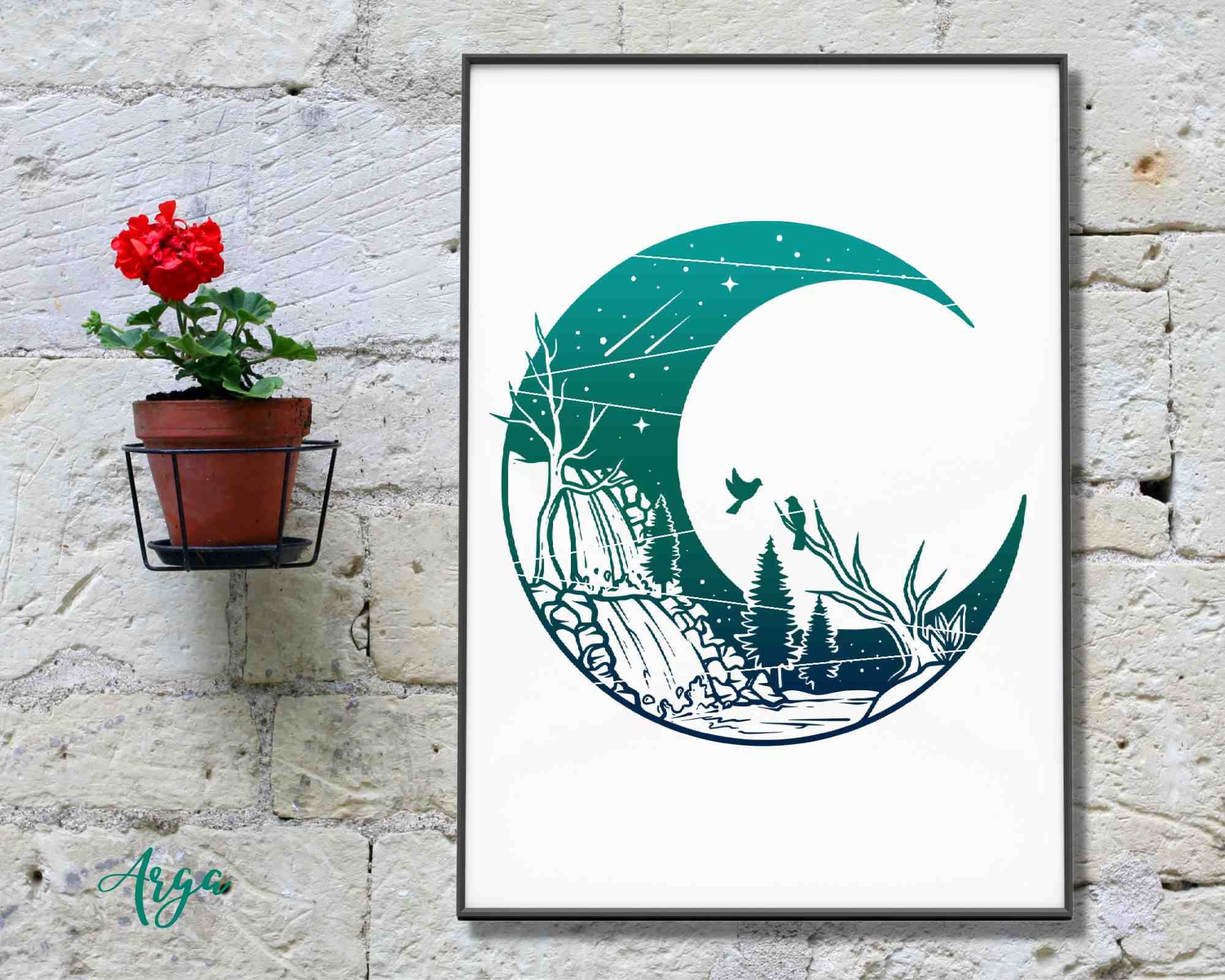 Waterfall on the Moon Svg Crescent Moon Svg Waterfall Scene - Etsy