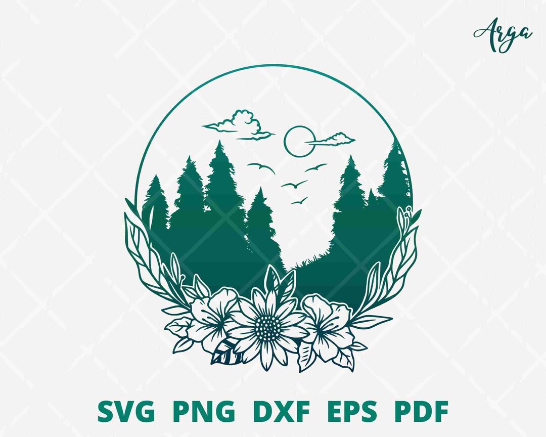 Pine Forest Svg, Forest in Flower Frame, Forest Scene SVG, Floral ...