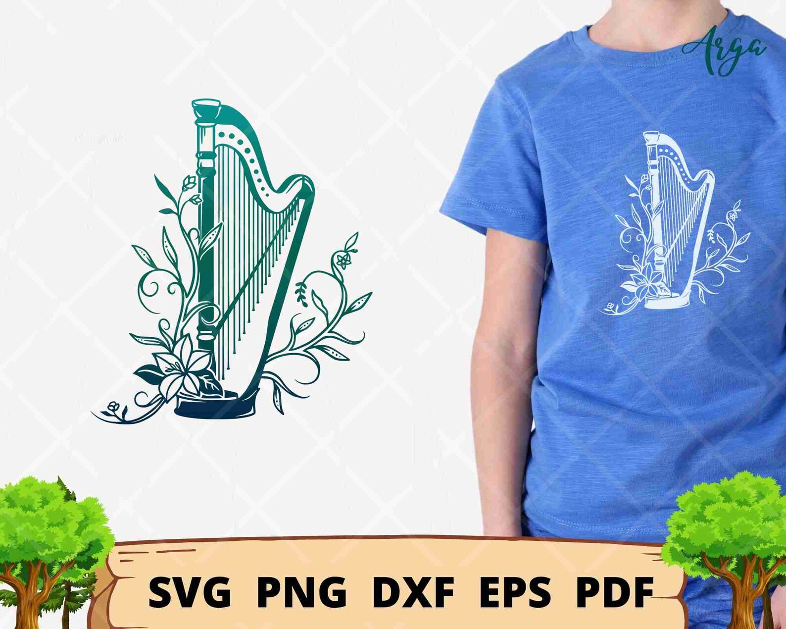 Harp SVG, Floral Harp Svg, Harp Wall Decor, Music Instrument Svg, Harp ...