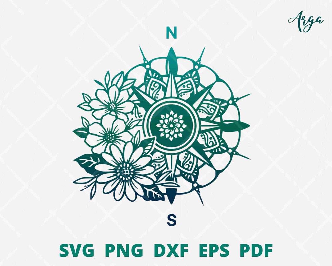 Floral Mandala Compass Svg, Floral Compass Svg, Compass With Flower Svg ...