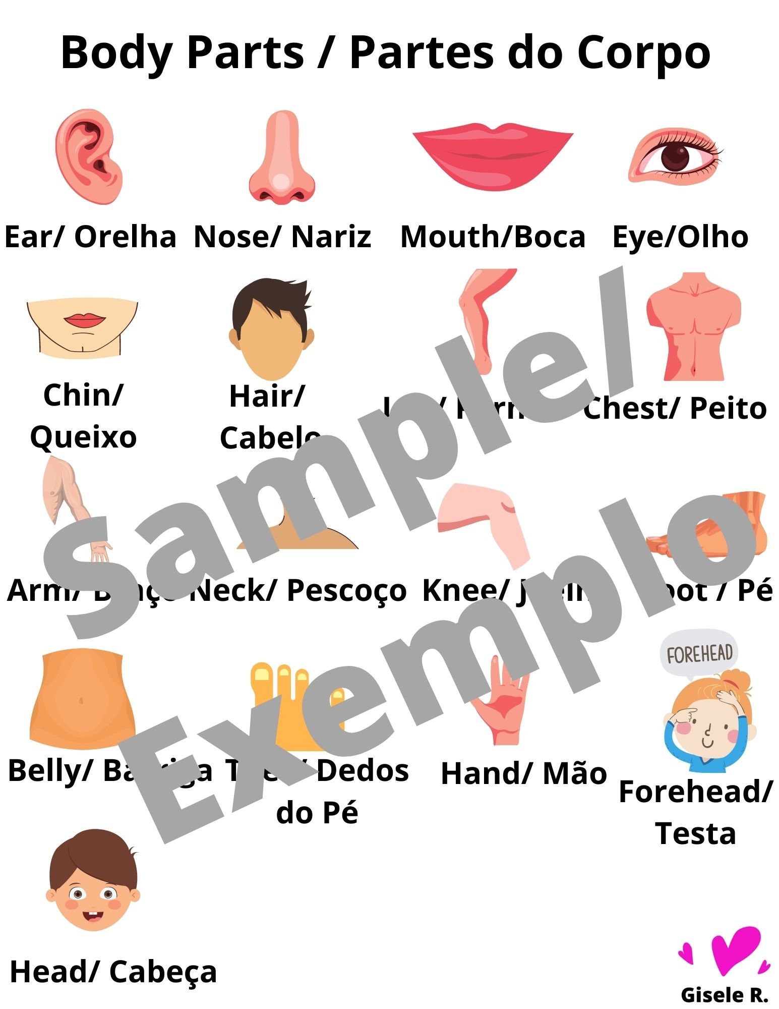 Aprende portugués brasileño para niños Juego de partes del cuerpo PDF ...