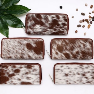 Real Cowhide Wallet for Women Brown and White Western Cowhide Zip ...
