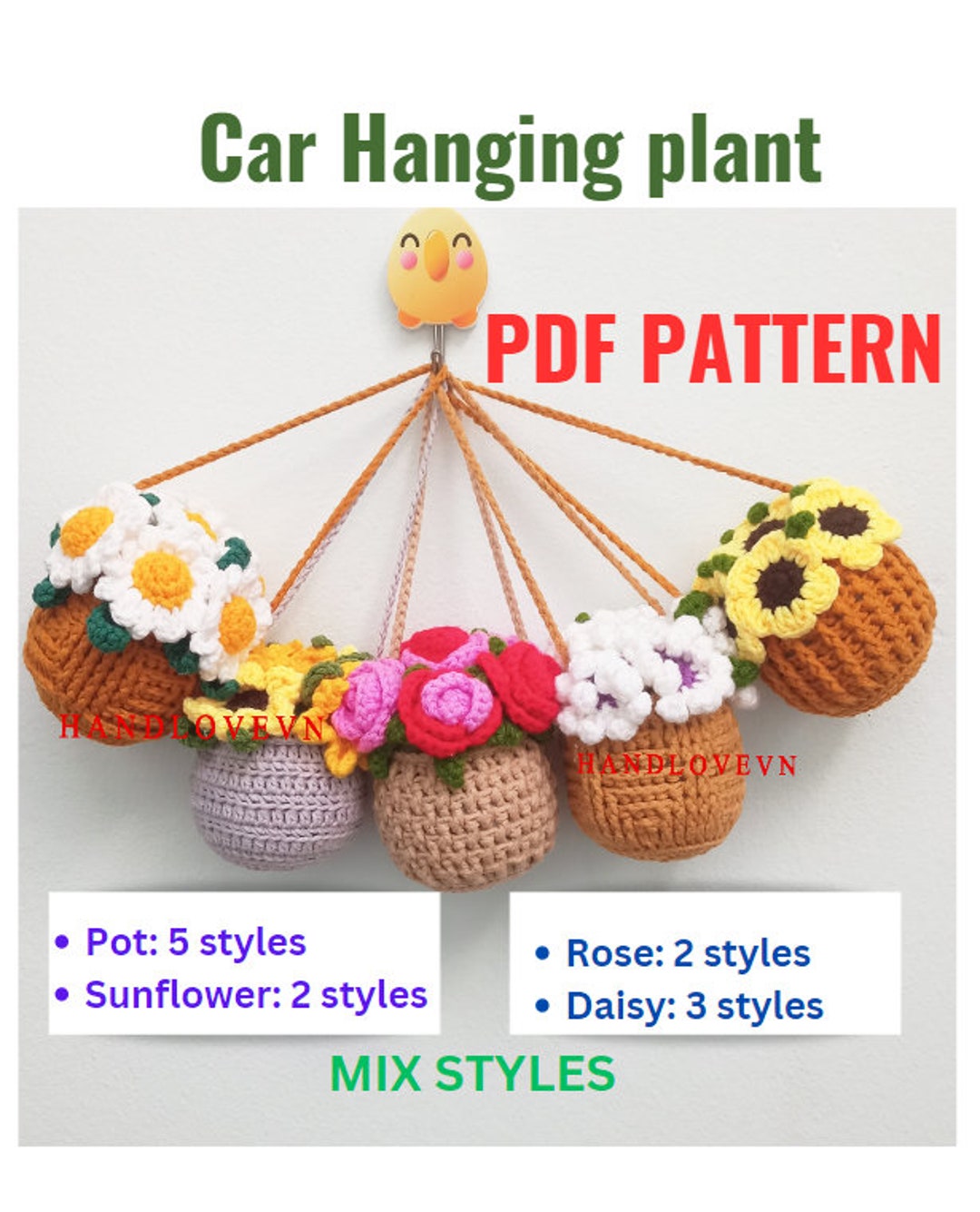 PATTERN: 5in1 PDF Car Hanging Plant With Sunflower, Mini Rose Flower ...