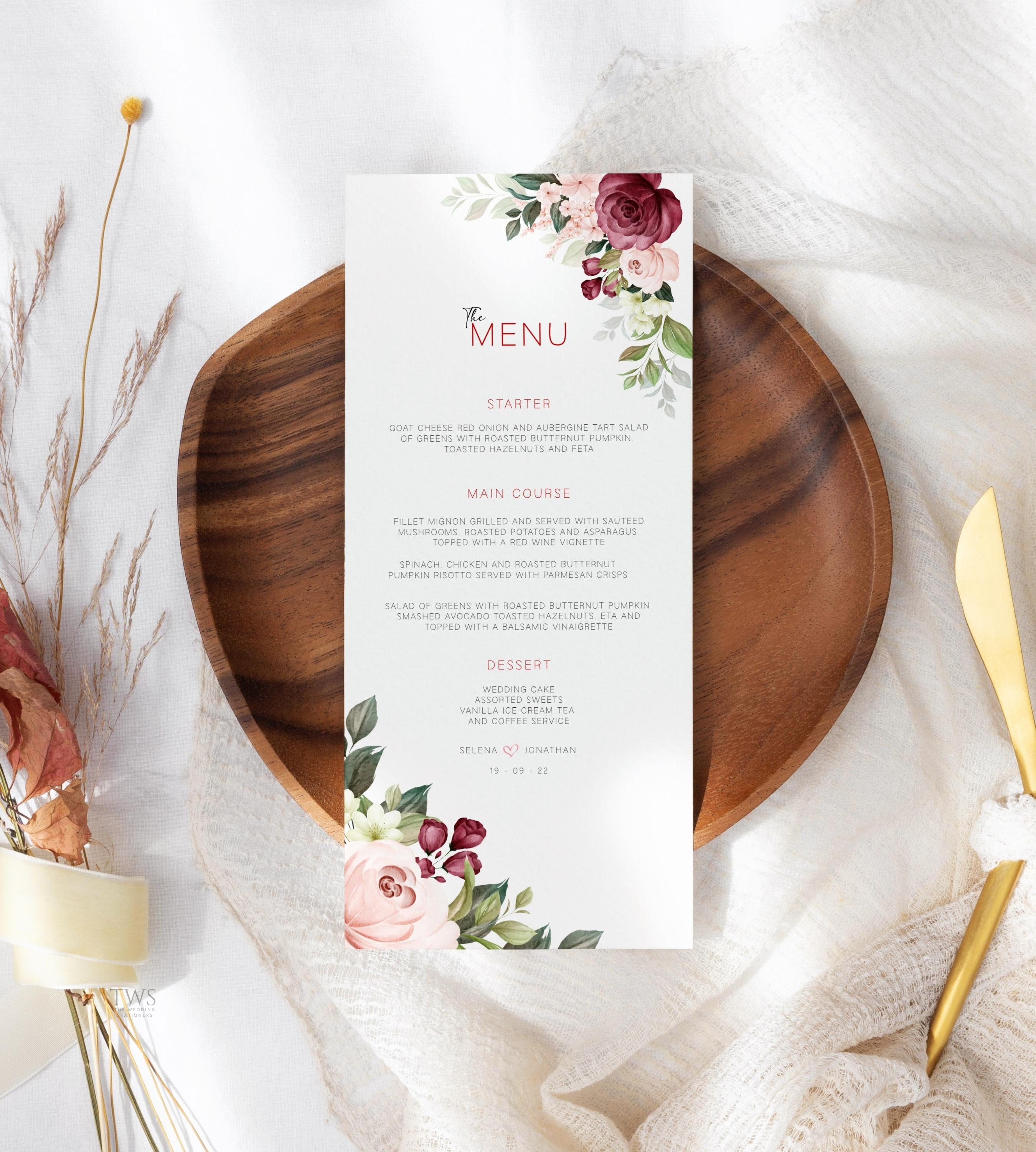 Fall Wedding Menu Template With Burgundy Rose and Green Leaves - Etsy