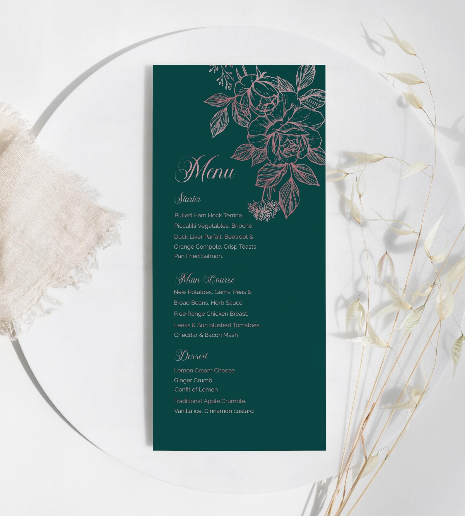 BELLA Emerald Wedding Menu Card Template, 4x9 Menu Card, Simple Green ...