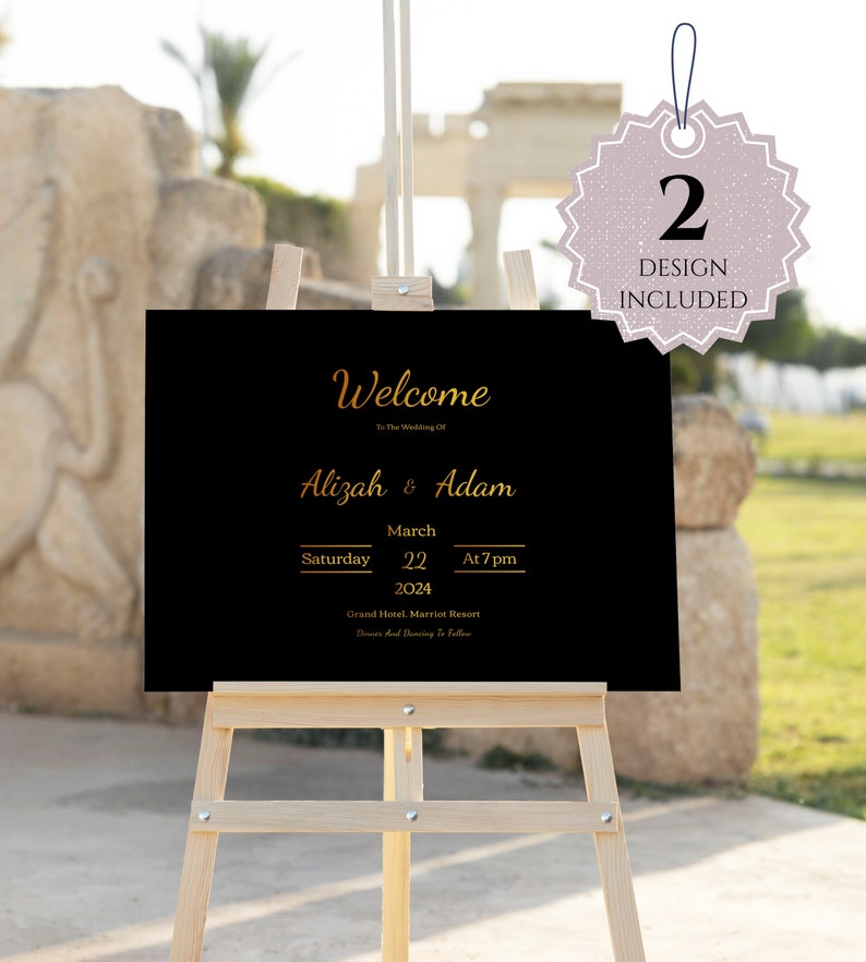 JIYA Black and Gold Wedding Welcome Sign Chart Template, Black Welcome ...